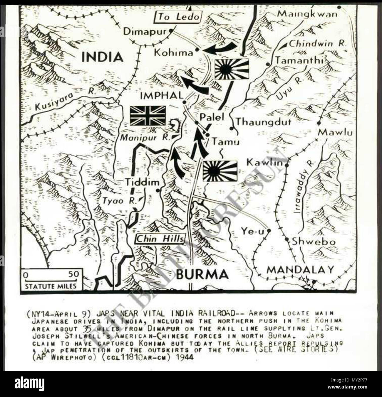 . English: The attack on Kohima, 1944; a wire service map Source: ebay ...