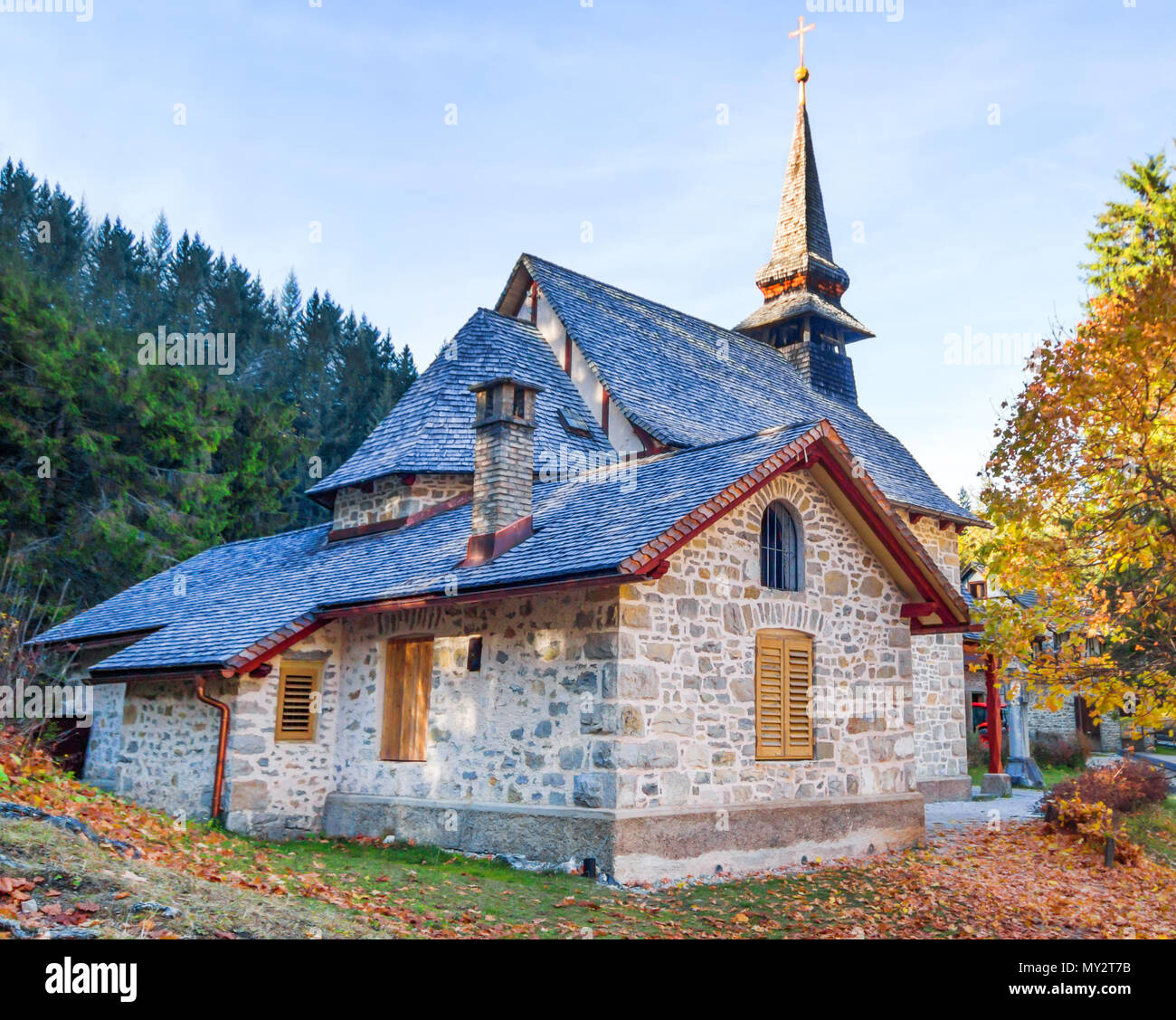 Old and small church in nature countryside with autumn season ...