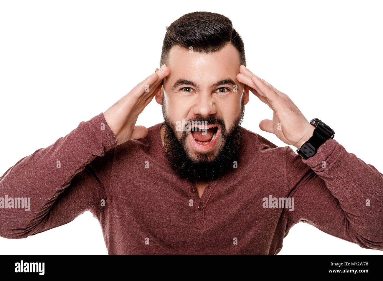 angry bearded man screaming on white background Stock Photo - Alamy