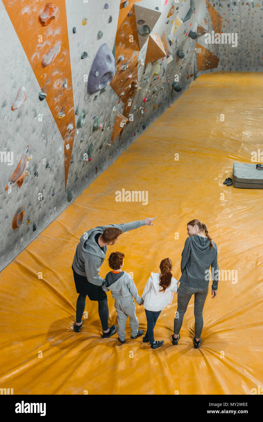 High-angle shot of happy family with kids holding hands and standing in ...