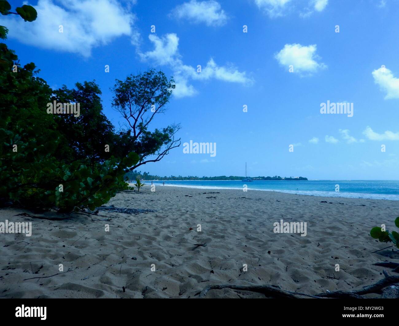 Beautiful idyllic beach day with tourists taking a stroll in the sand ...