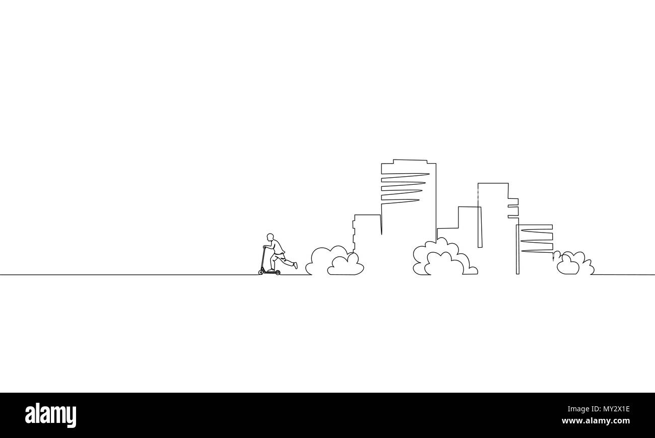 Single continuous one line art city building riding scooter ...