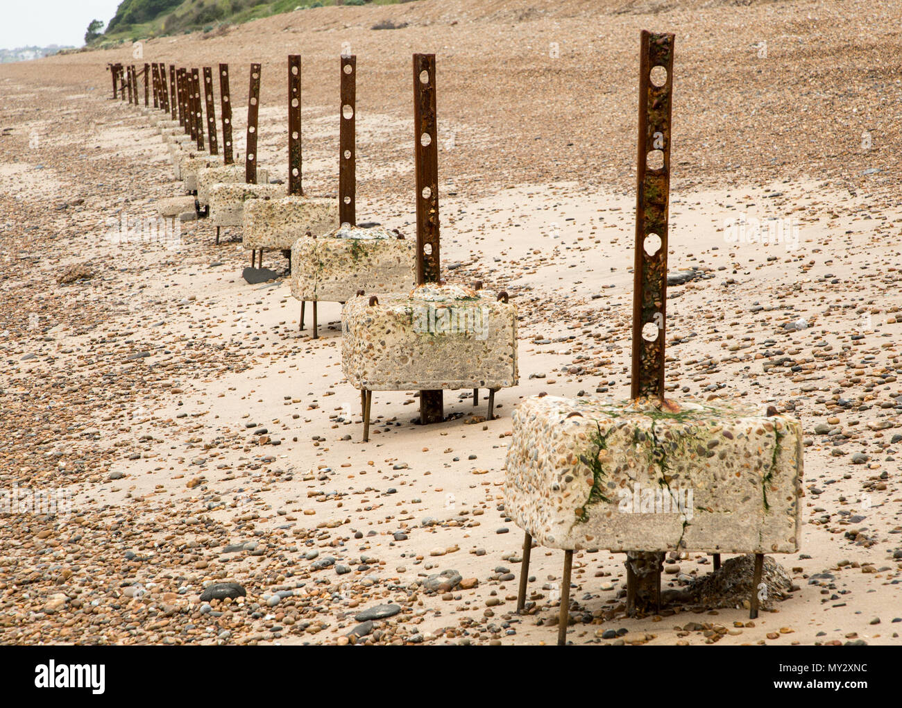 Remains of steel stanchions for barbed wire anti-invasion defences on ...