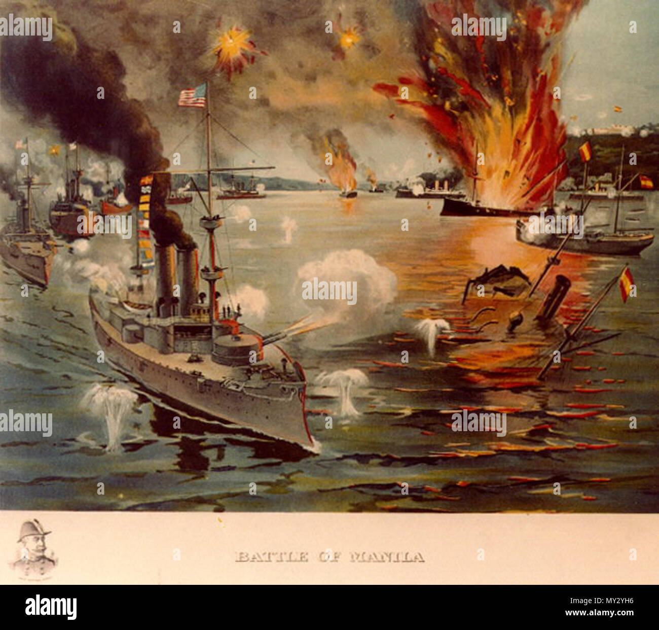 . Battle of Manila Bay, 1 May 1898 . Contemporary colored print ...