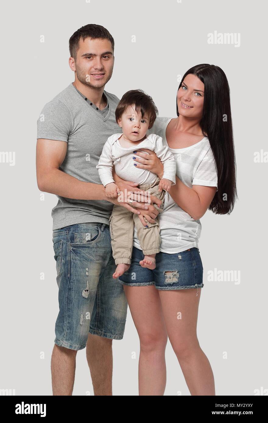 happy three members family on a white background Stock Photo - Alamy