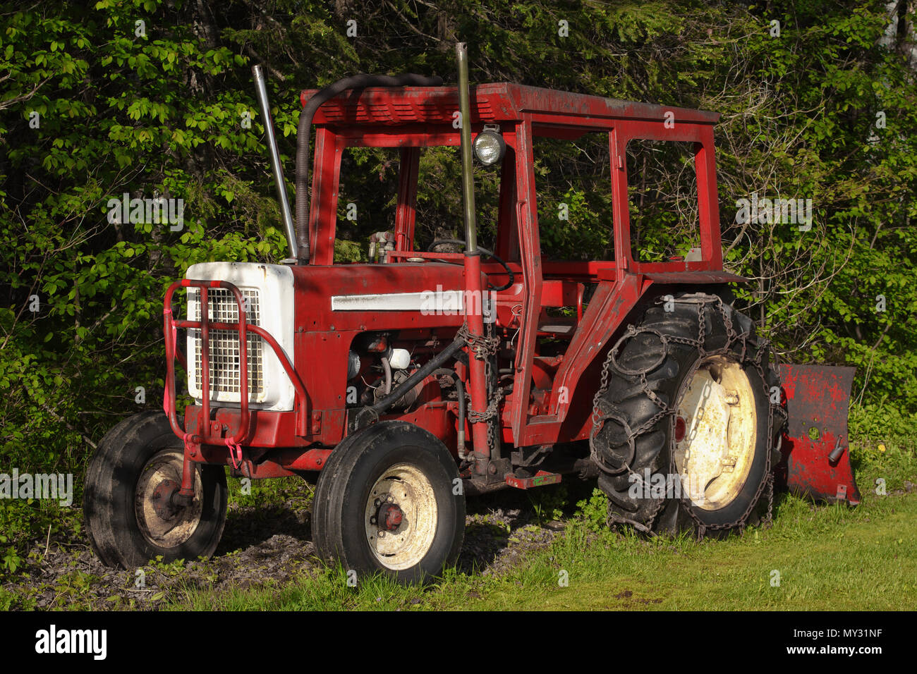 Old red farm tractor in front of foliage Stock Photo - Alamy