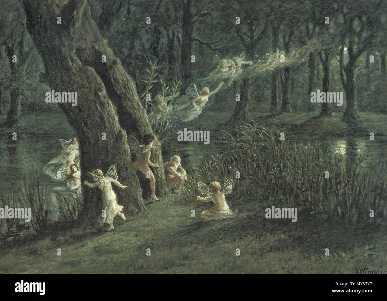 . English: Woodland fairies in the moonligh. Late 19th century. A.W ...