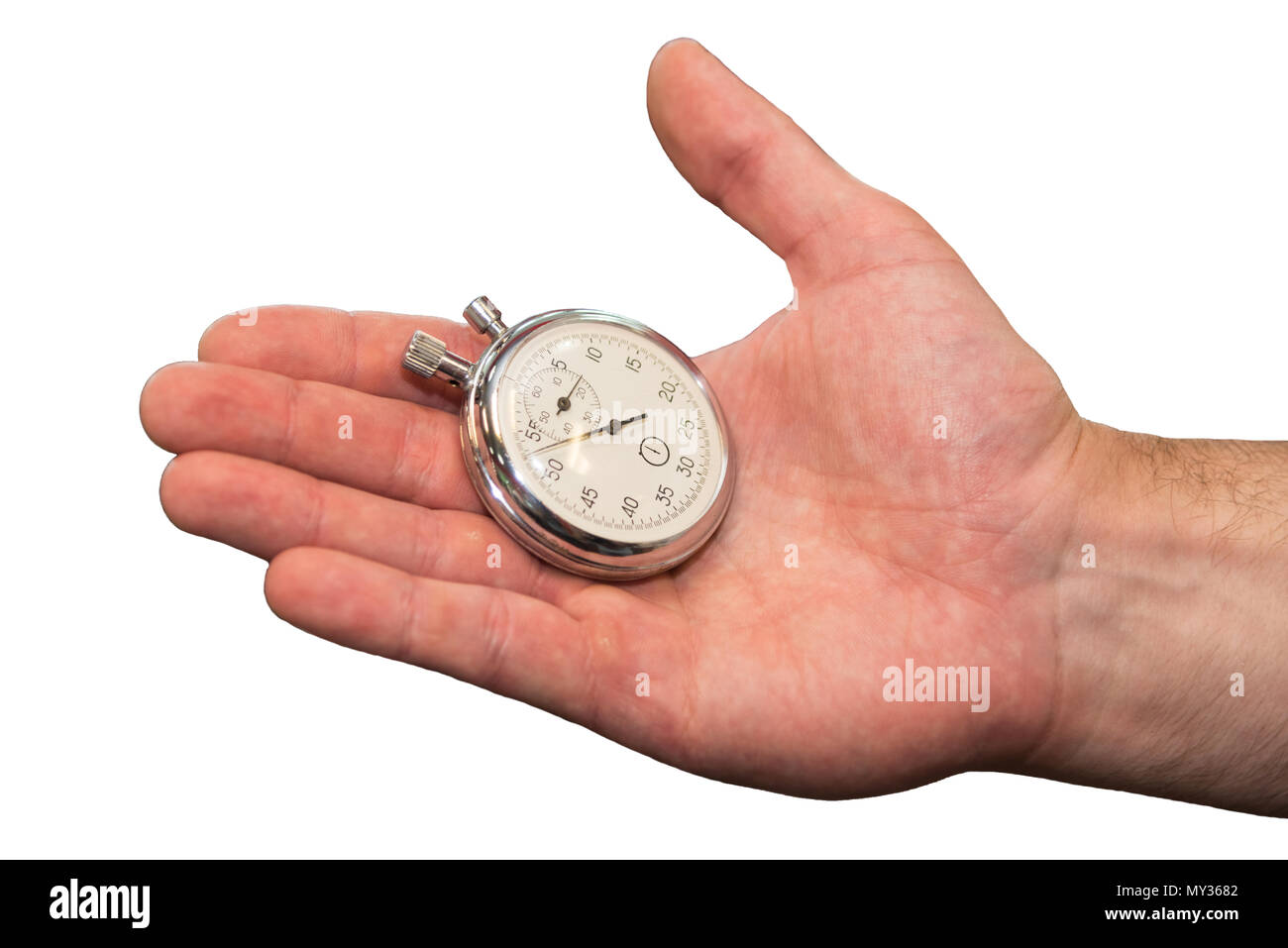 The old reliable stopwatch lies on the palm of a man. On a white ...