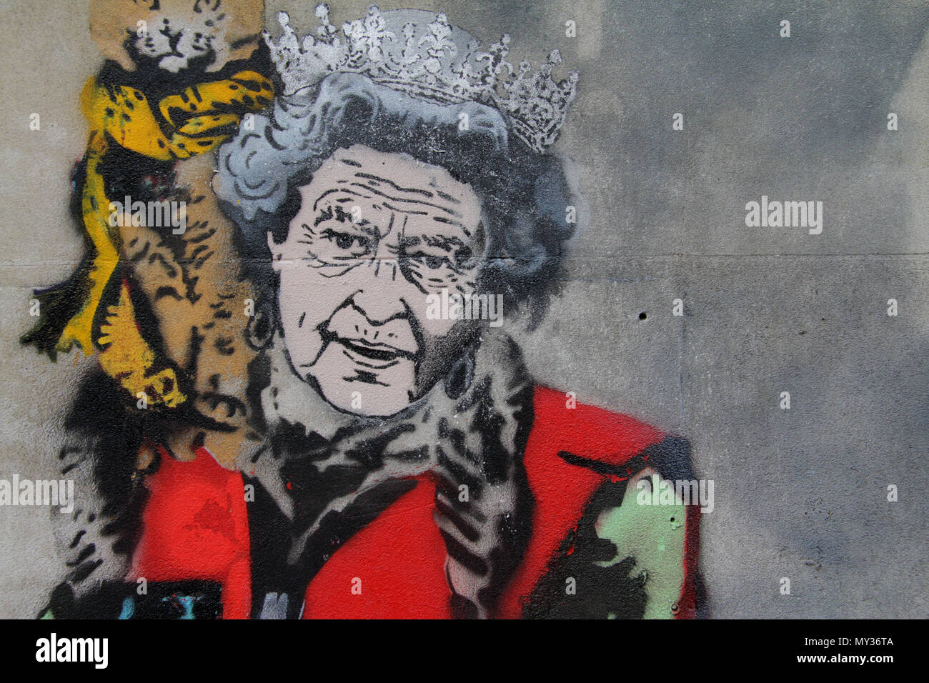 Satirical Stencil Graffiti of the Queen selling the Big Issue in ...