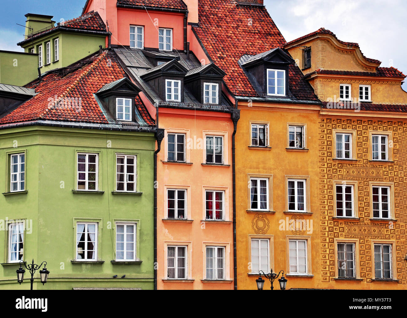 Colorful facades of traditional houses, Warsaw old town, Poland Stock ...