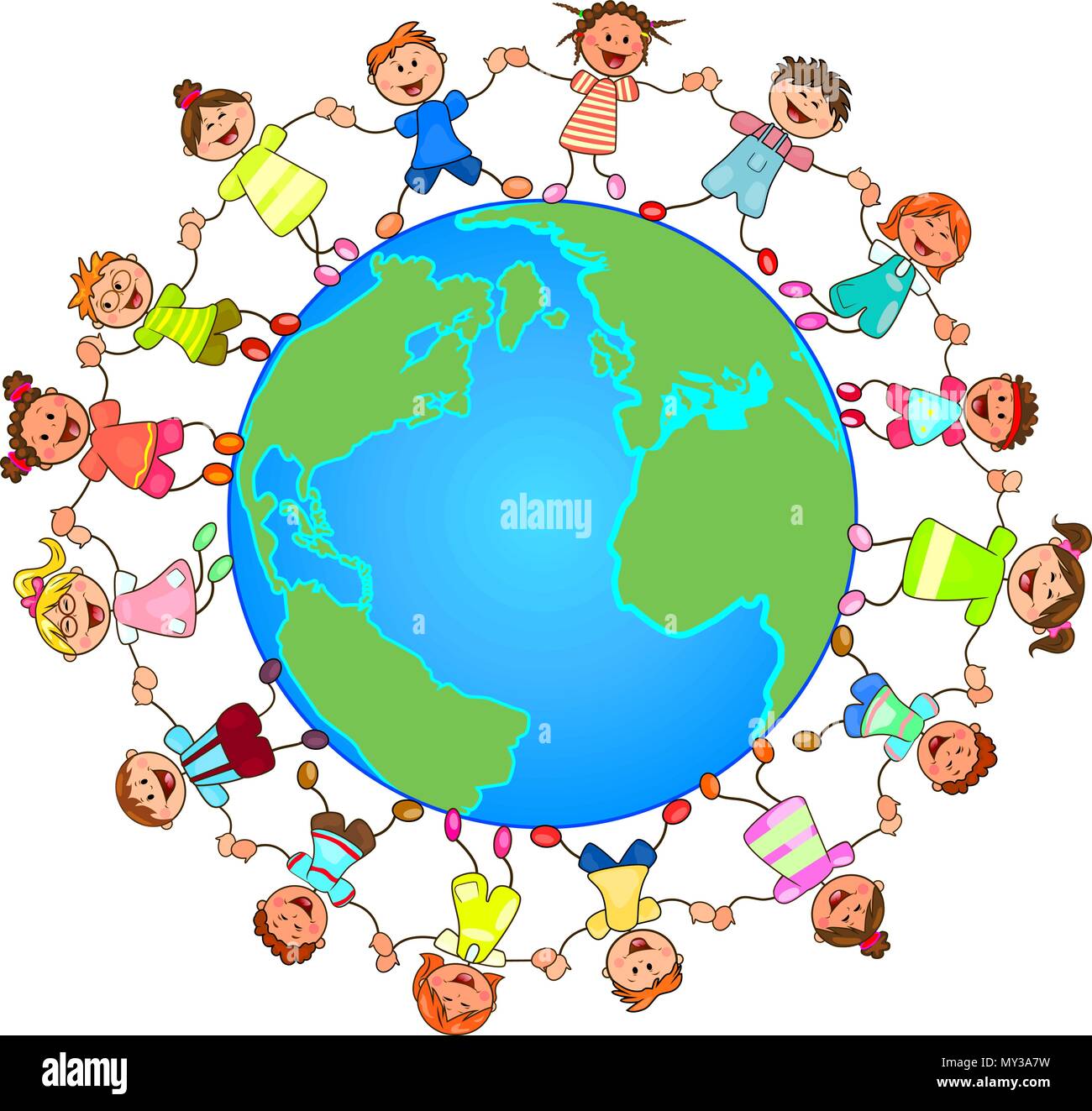 Children and the globe. Children are holding each other's hands. Group ...