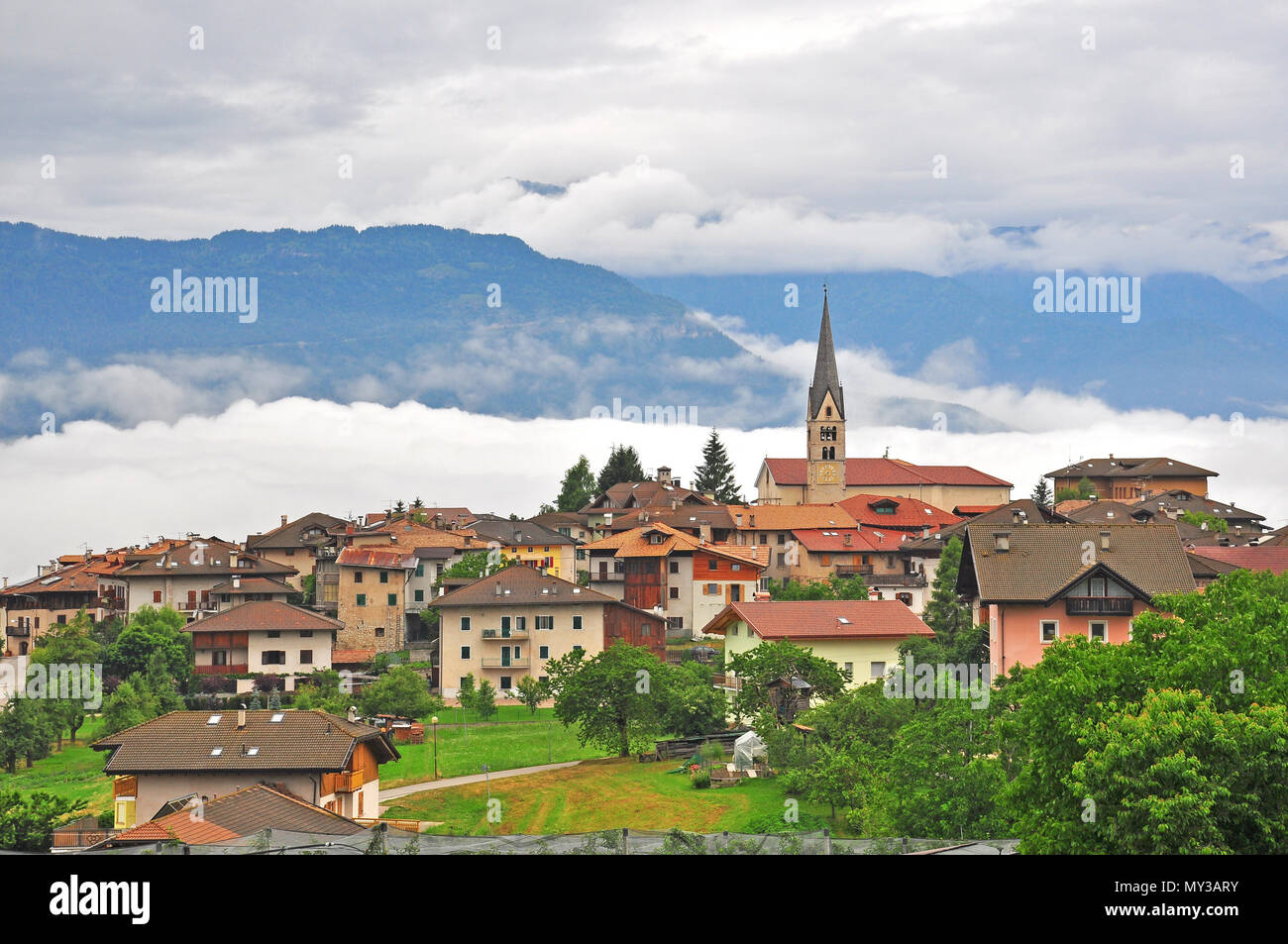 Scenic view of mountain village in italian Alps, summer natural ...