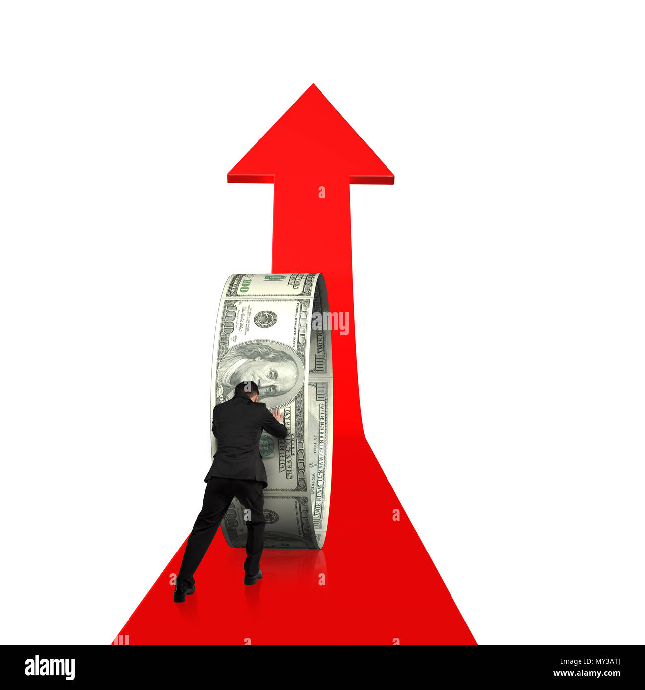 Rear view businessman pushing money circle on growing red arrow in ...