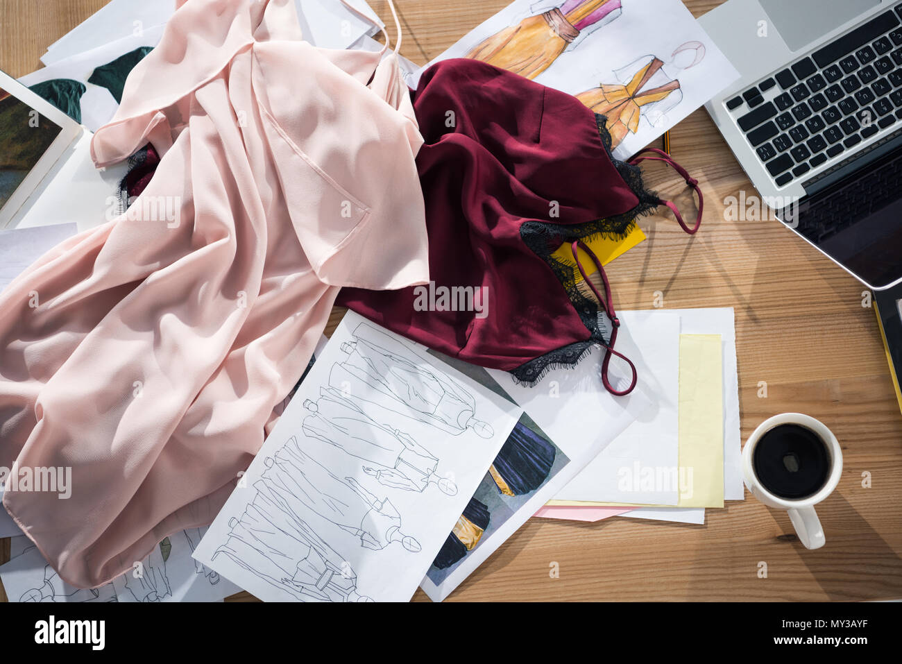 top view of messy fashion designer workplace Stock Photo - Alamy