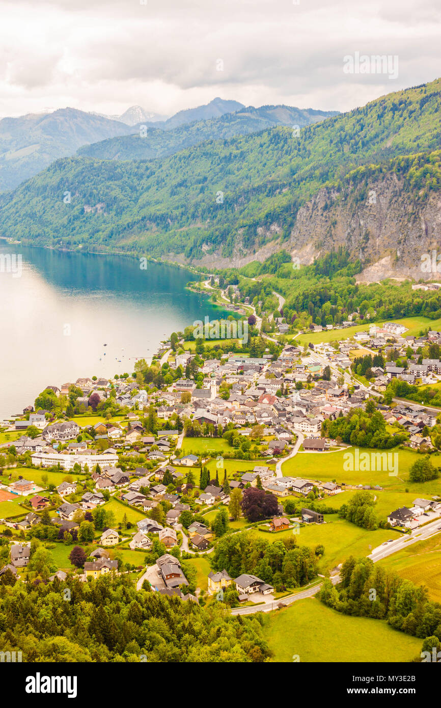 View of austrian alpine village St. Gilgen and Wolfgangsee lake from ...