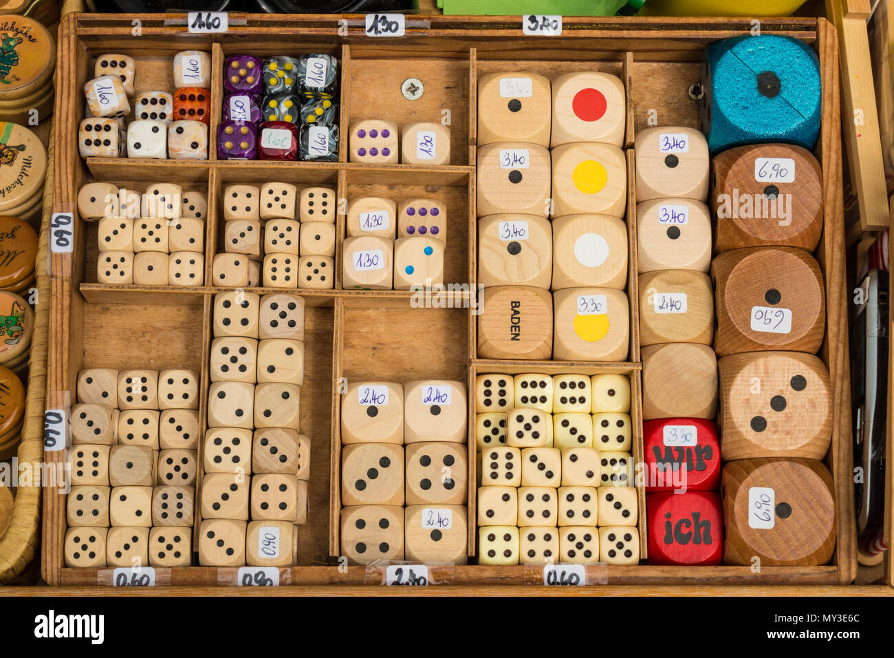Salzburg, Austria - June 1, 2017: Handmade wooden dice of different ...