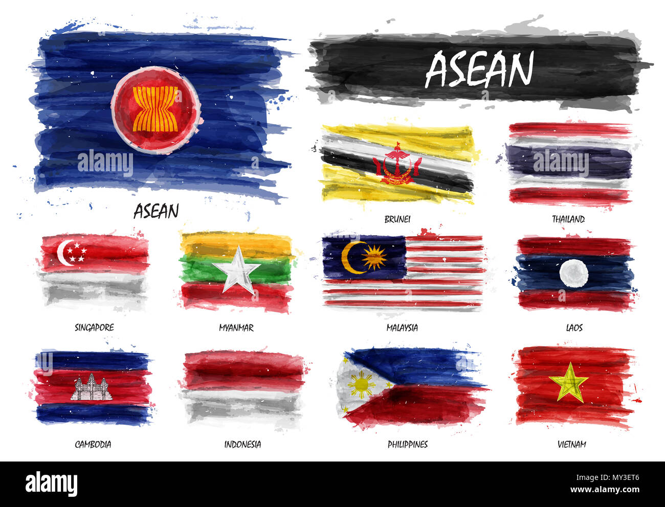 Realistic watercolor painting flag of ASEAN ( Association of Southeast ...
