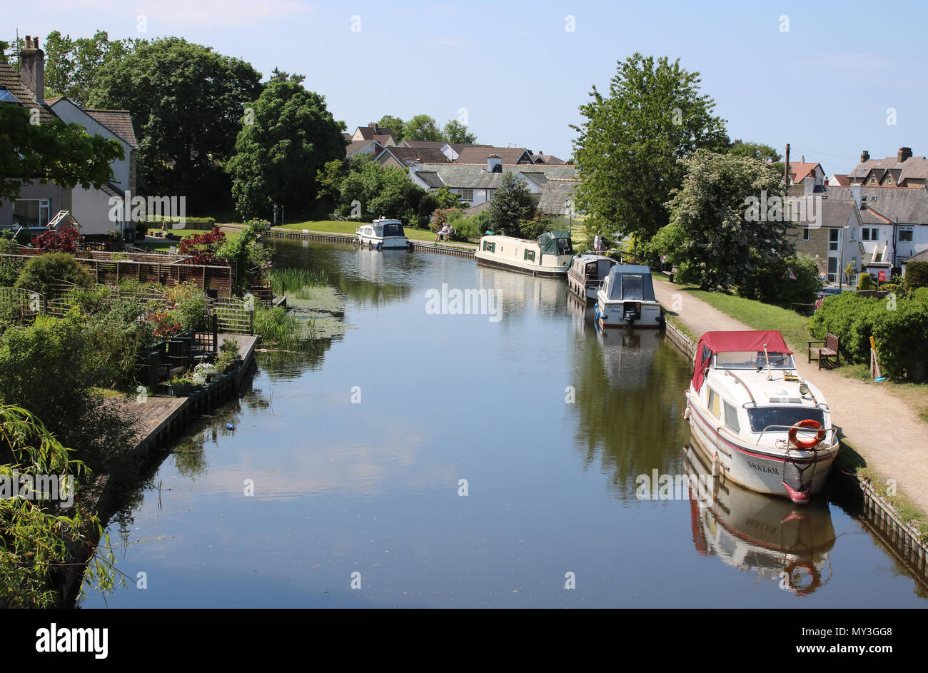 View along the Lancaster canal at Hest Bank in Lancashire, England with ...