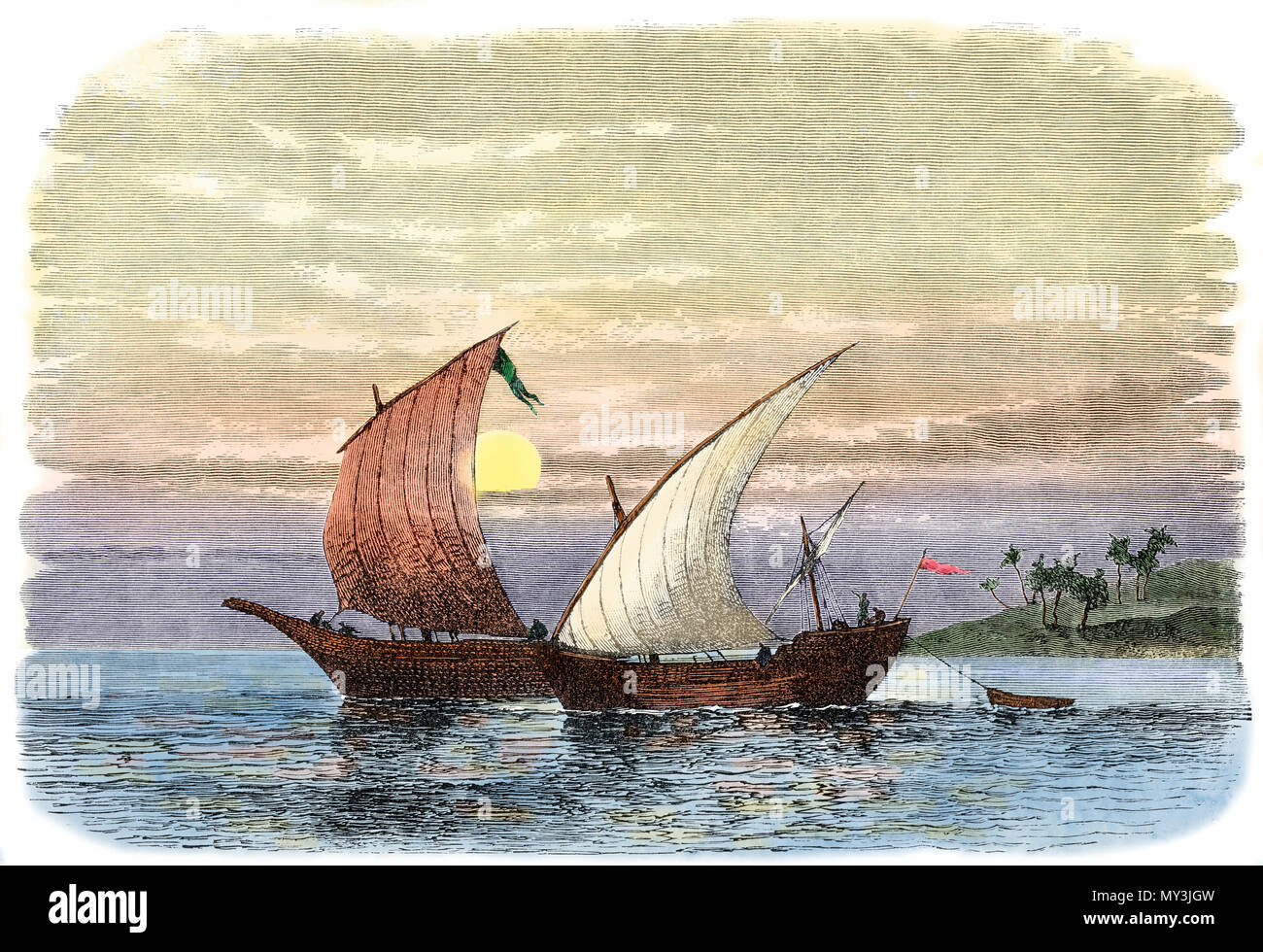 Arab dhows on the Red Sea. Digitally colored woodcut Stock Photo - Alamy