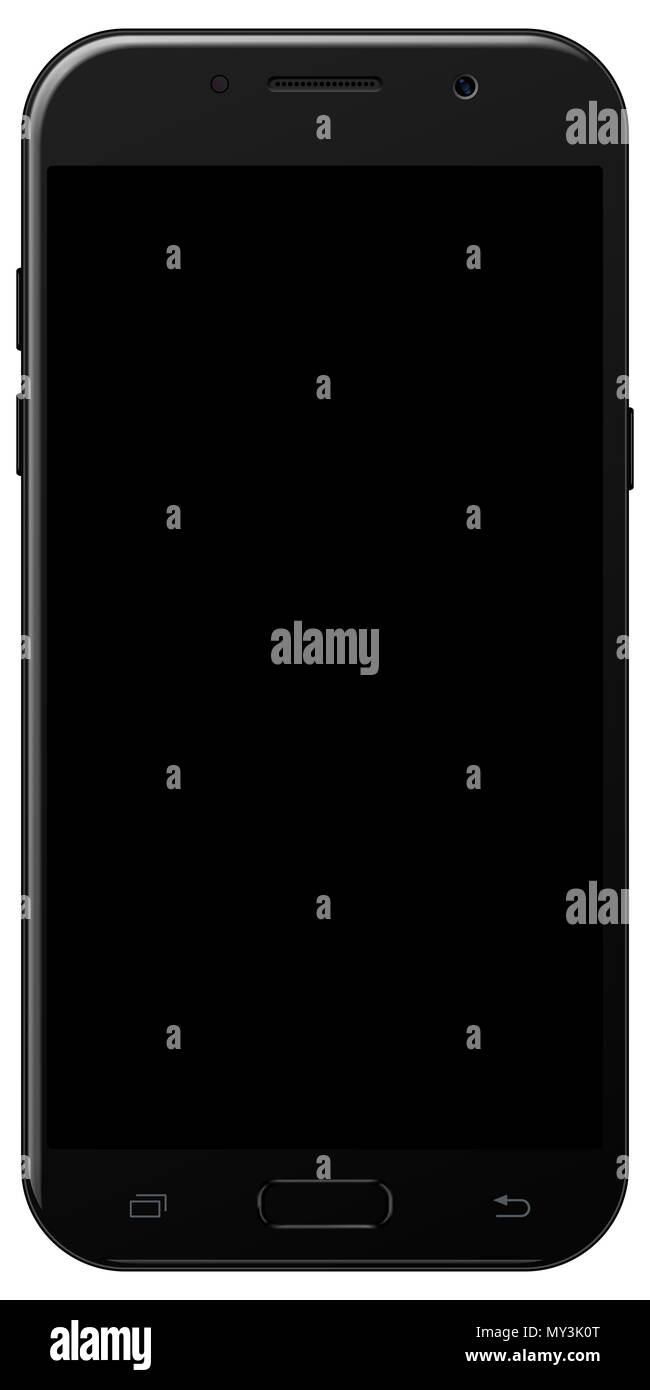 Brand new smartphone black color with dark screen isolated on white ...