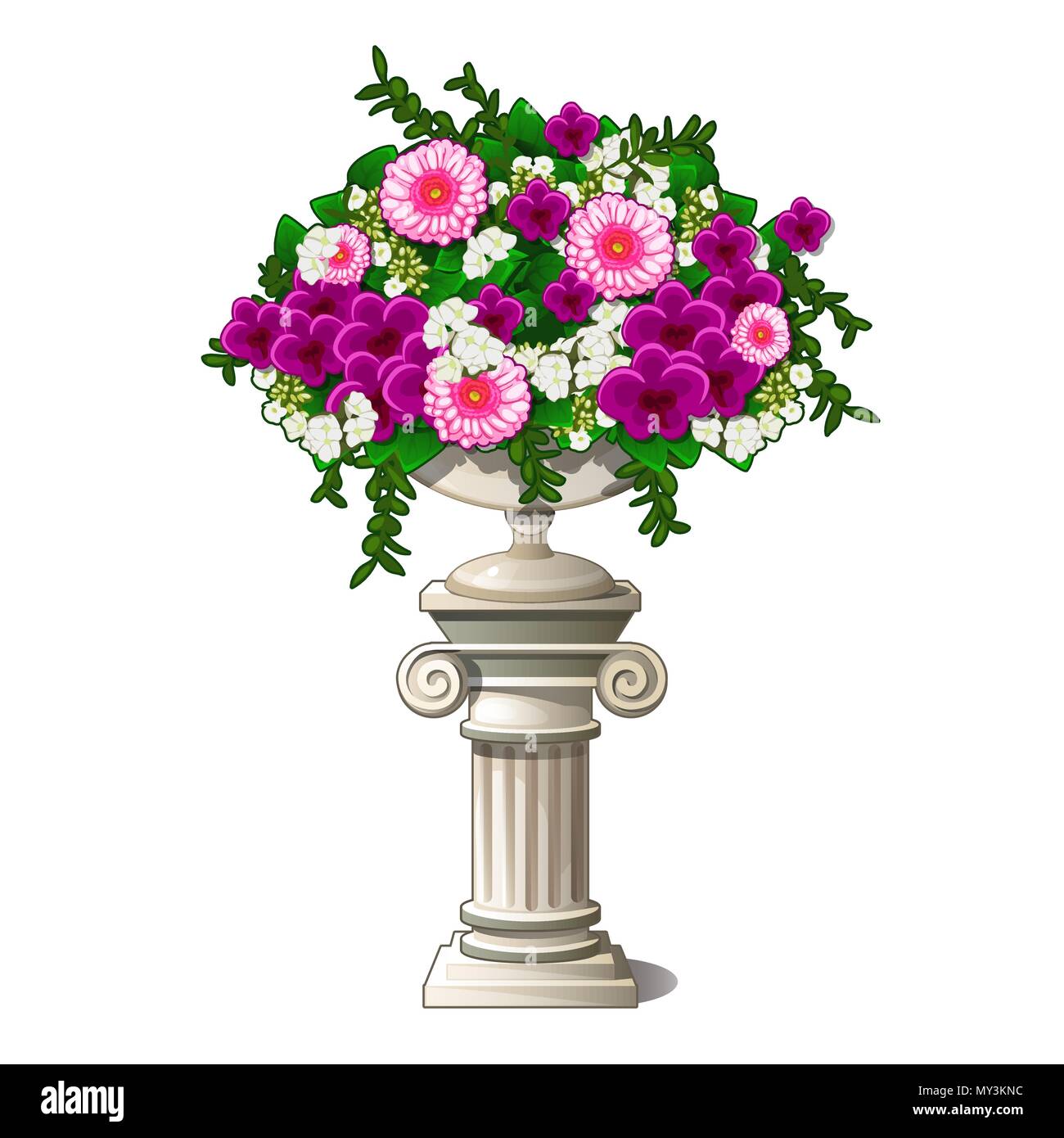 Vintage marble vase with flowers in the form of an ancient column ...
