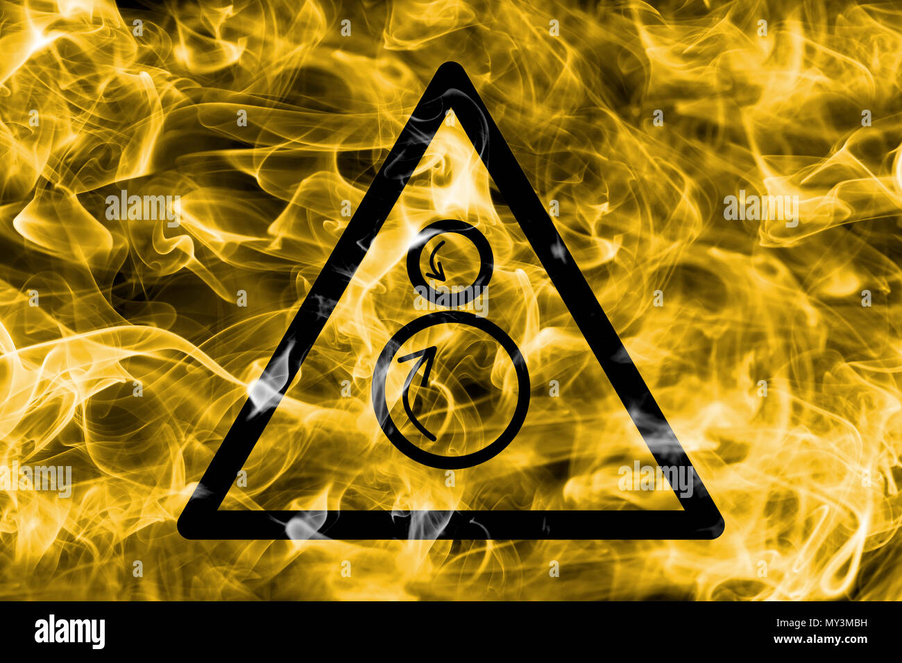 Counter rotating roller hazard warning smoke sign. Triangular warning ...