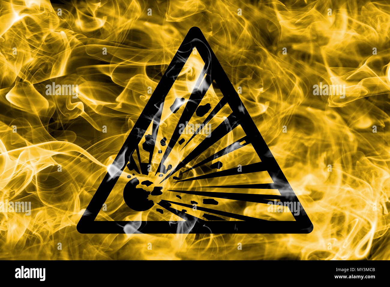 Explosive substances hazard warning smoke sign. Triangular warning ...