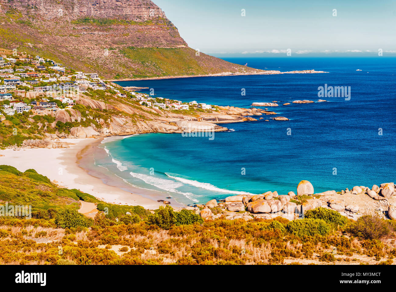 Panoramic view of Fish Hoek and beach, the town seen in the valley ...