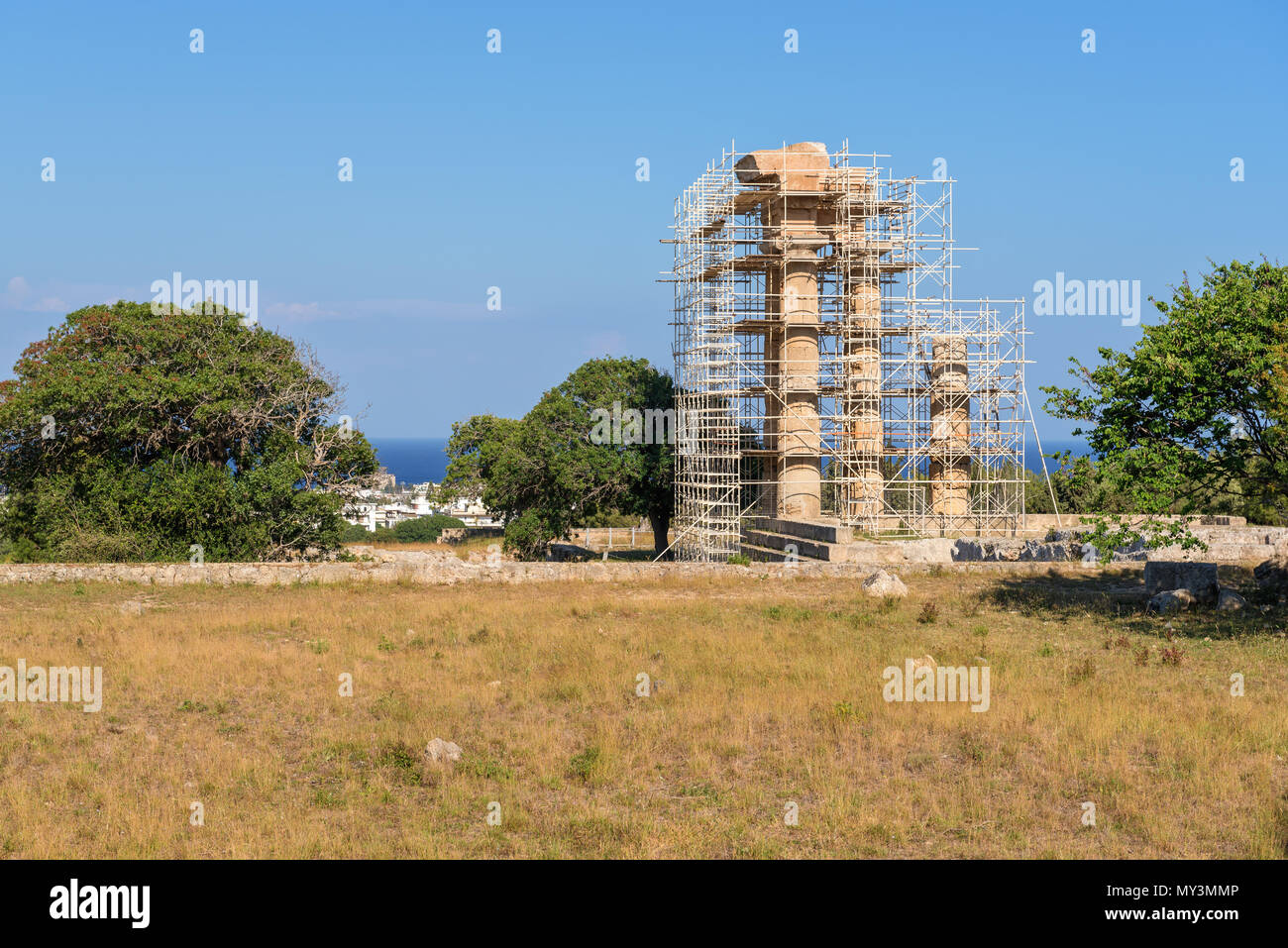 The Temple of Pythian Apollo in restoration work. Acropolis of Rhodes. Rhodes island, Greece ...