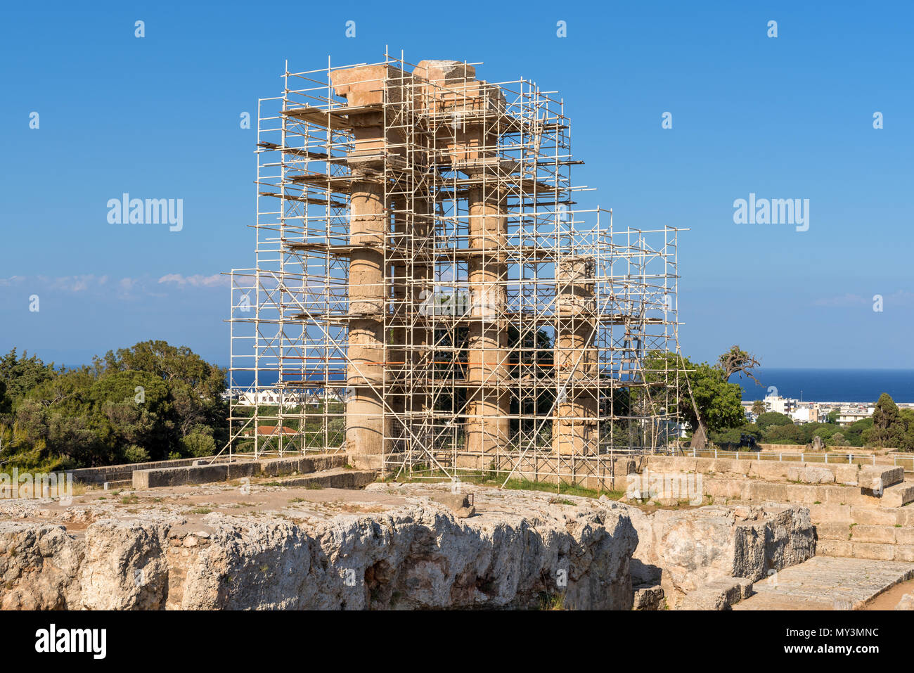 The Temple of Pythian Apollo in restoration work. Acropolis of Rhodes ...