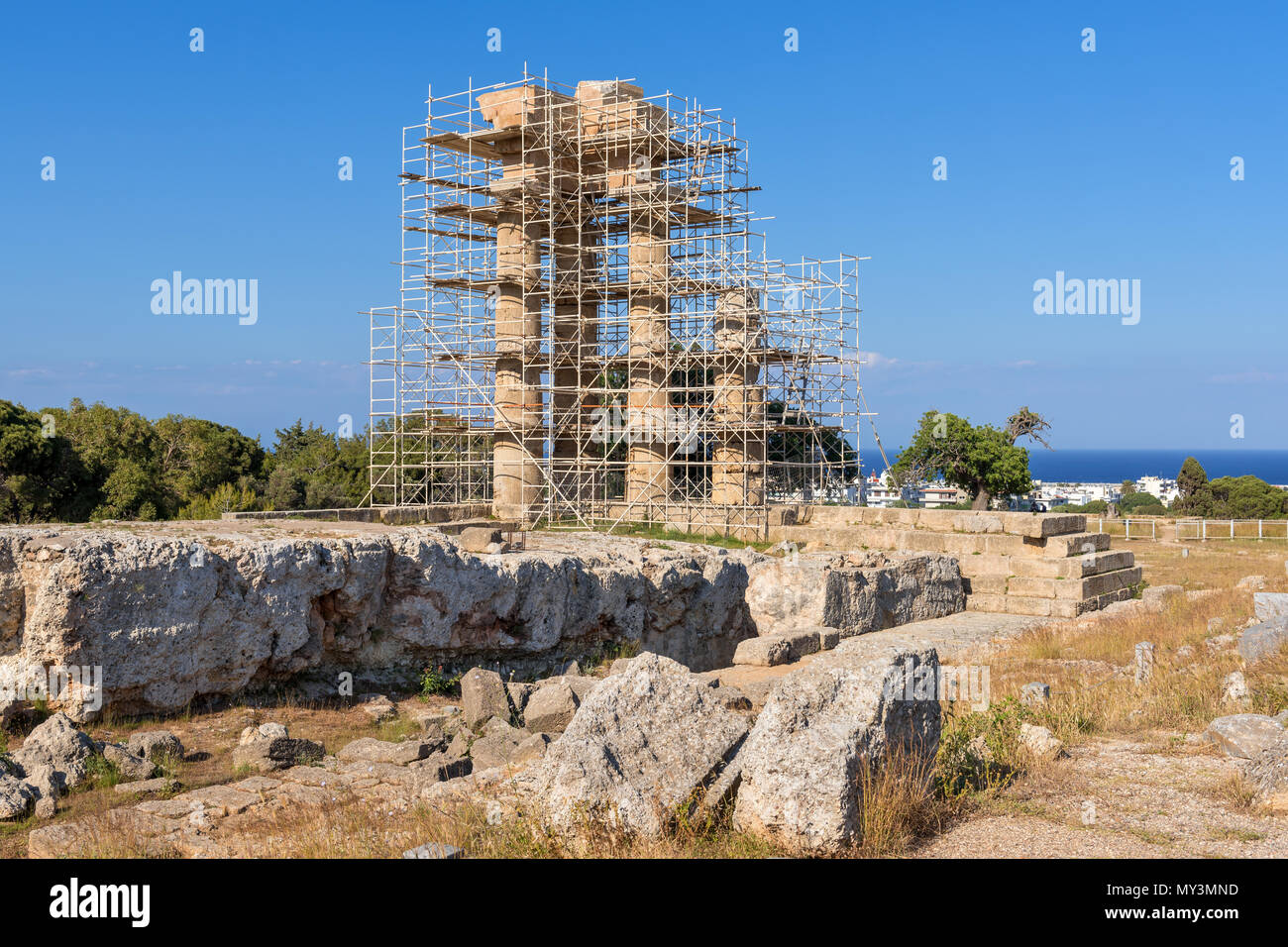 The Temple of Pythian Apollo in restoration work. Acropolis of Rhodes. Rhodes island, Greece ...