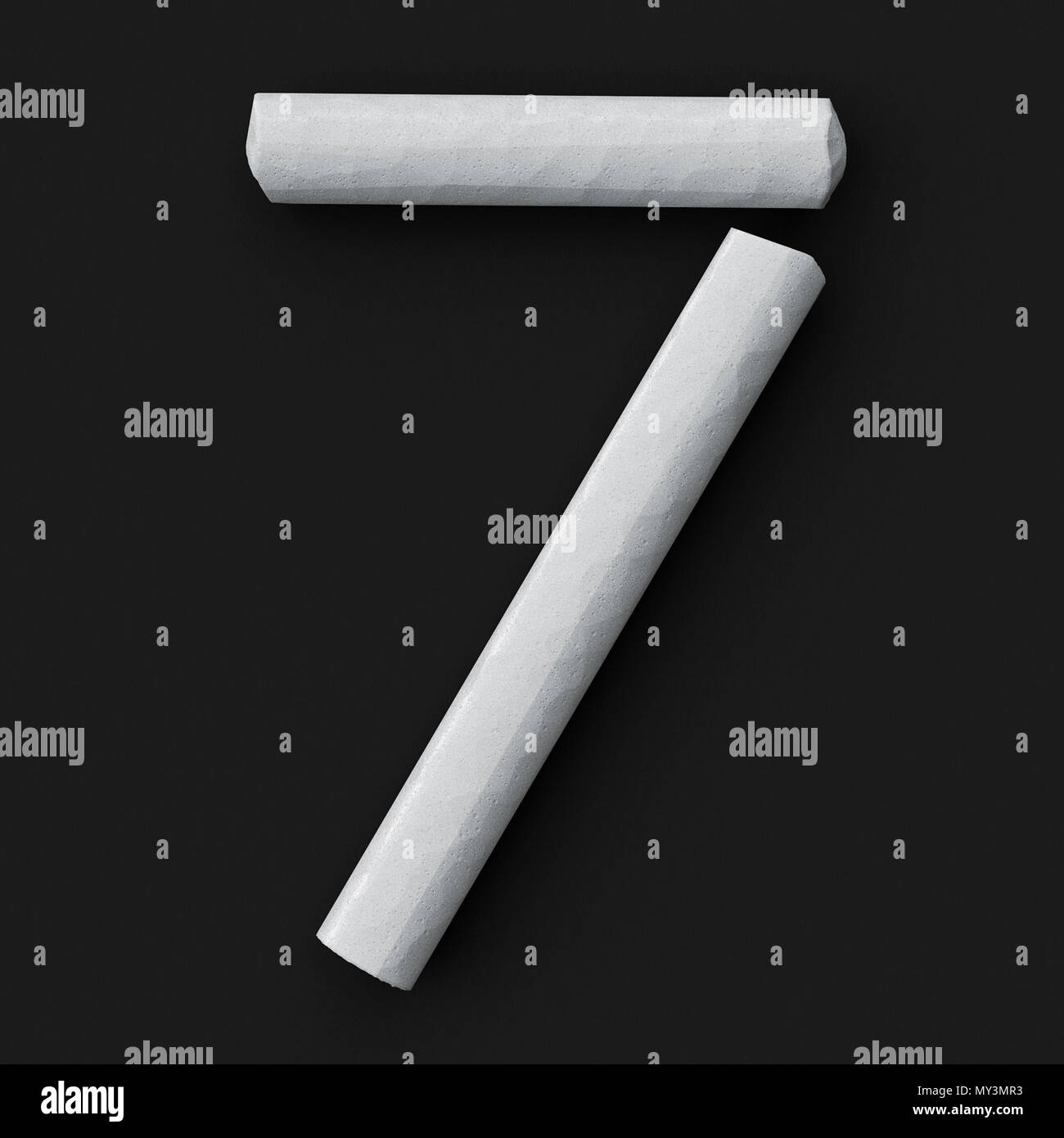 White blackboard chalks assembled like mathematical digit 7 on rough ...