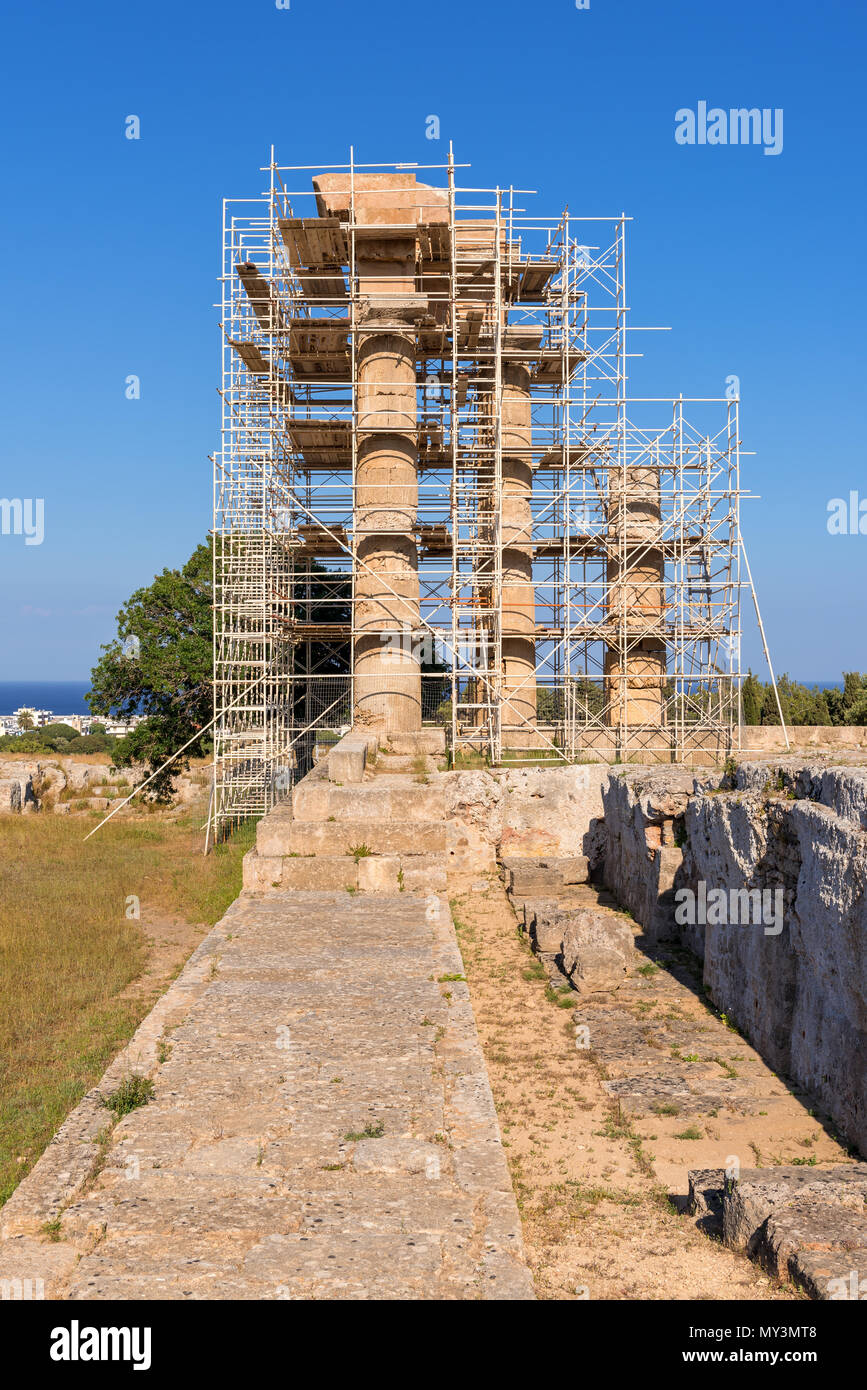 The Temple of Pythian Apollo in restoration work. Acropolis of Rhodes ...