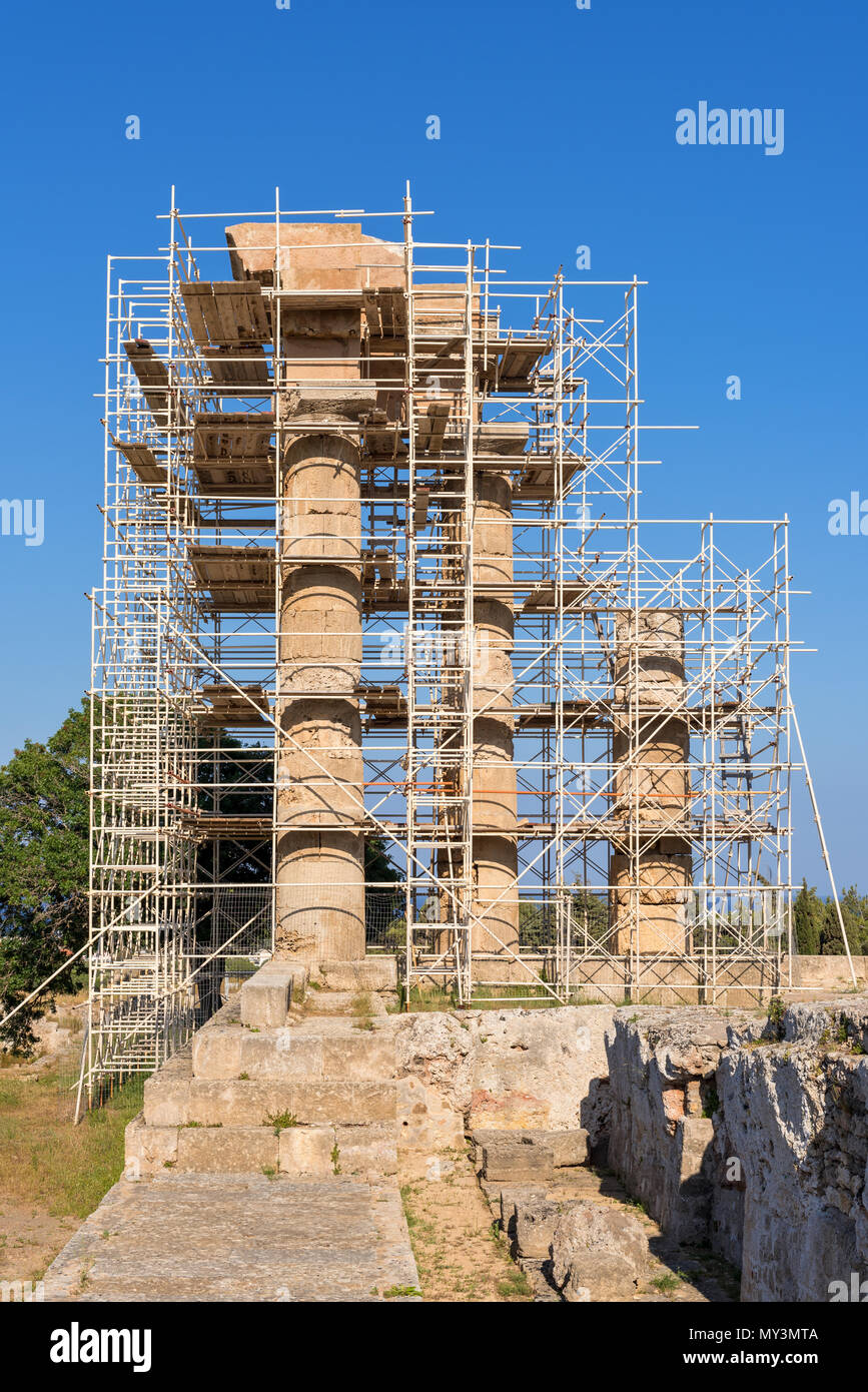 The Temple of Pythian Apollo in restoration work. Acropolis of Rhodes ...
