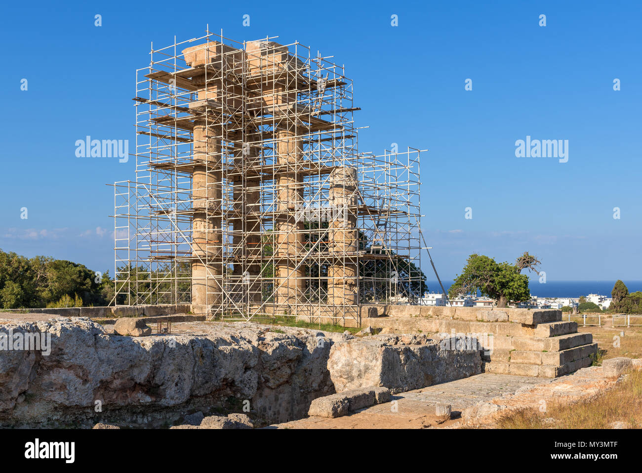 The Temple of Pythian Apollo in restoration work. Acropolis of Rhodes. Rhodes island, Greece ...