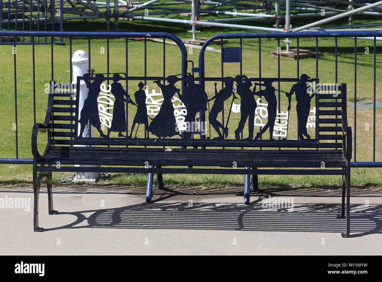Golf themed bench Carnoustie Golf course Scotland June 2018 Stock Photo ...