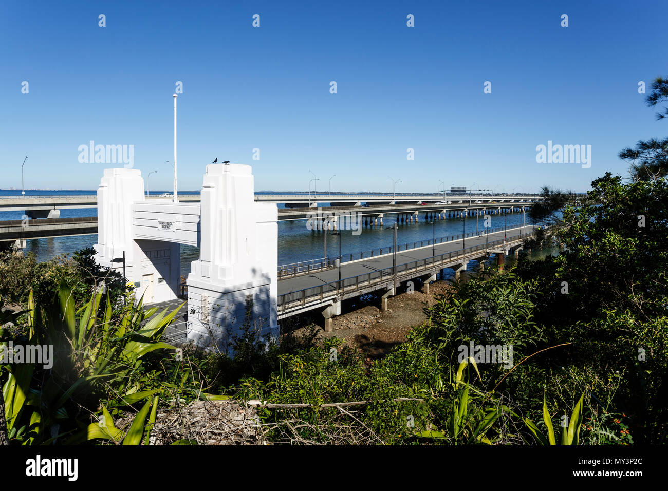 The Hornibrook Bridge Art Deco portal with the two newer bridges in the ...