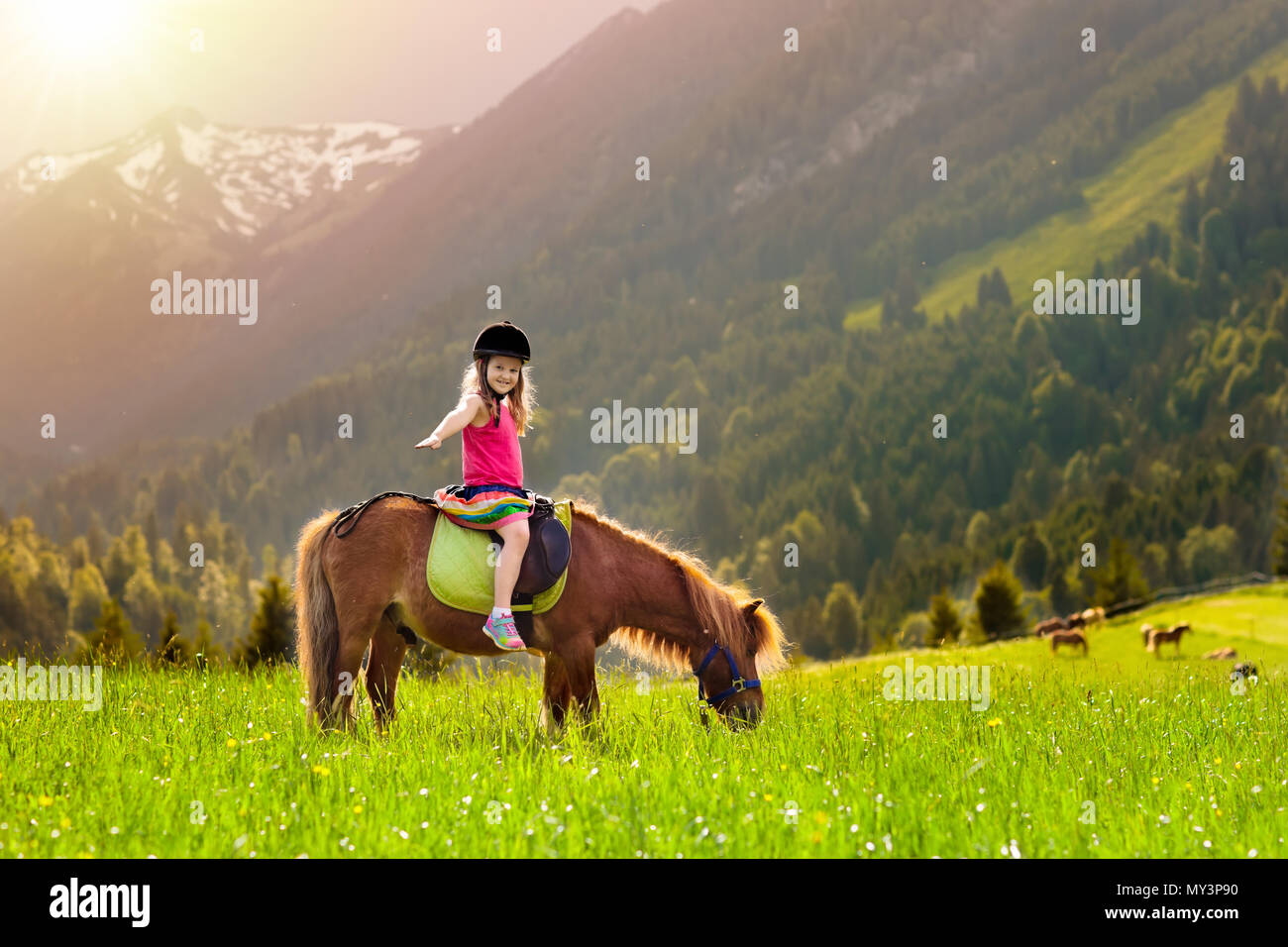 Kids riding pony in the Alps mountains. Family spring vacation on horse ...