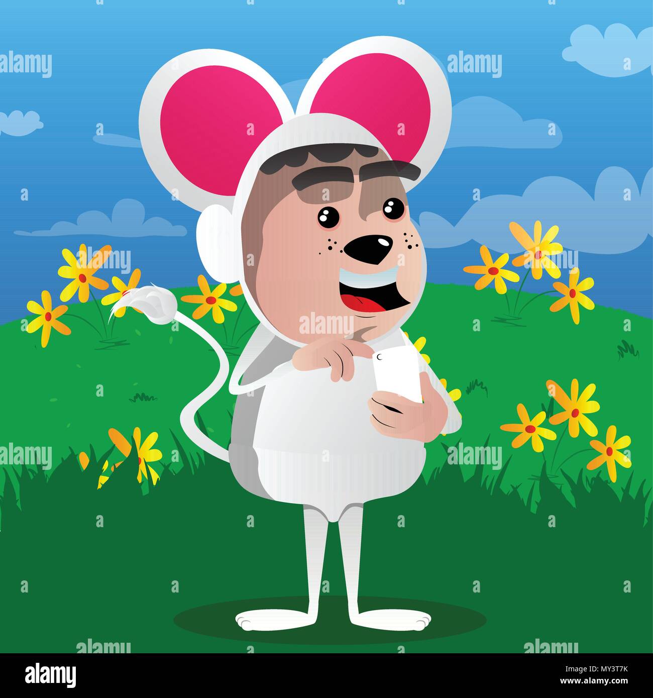 Boy dressed as mouse using a mobile phone. Vector cartoon character ...