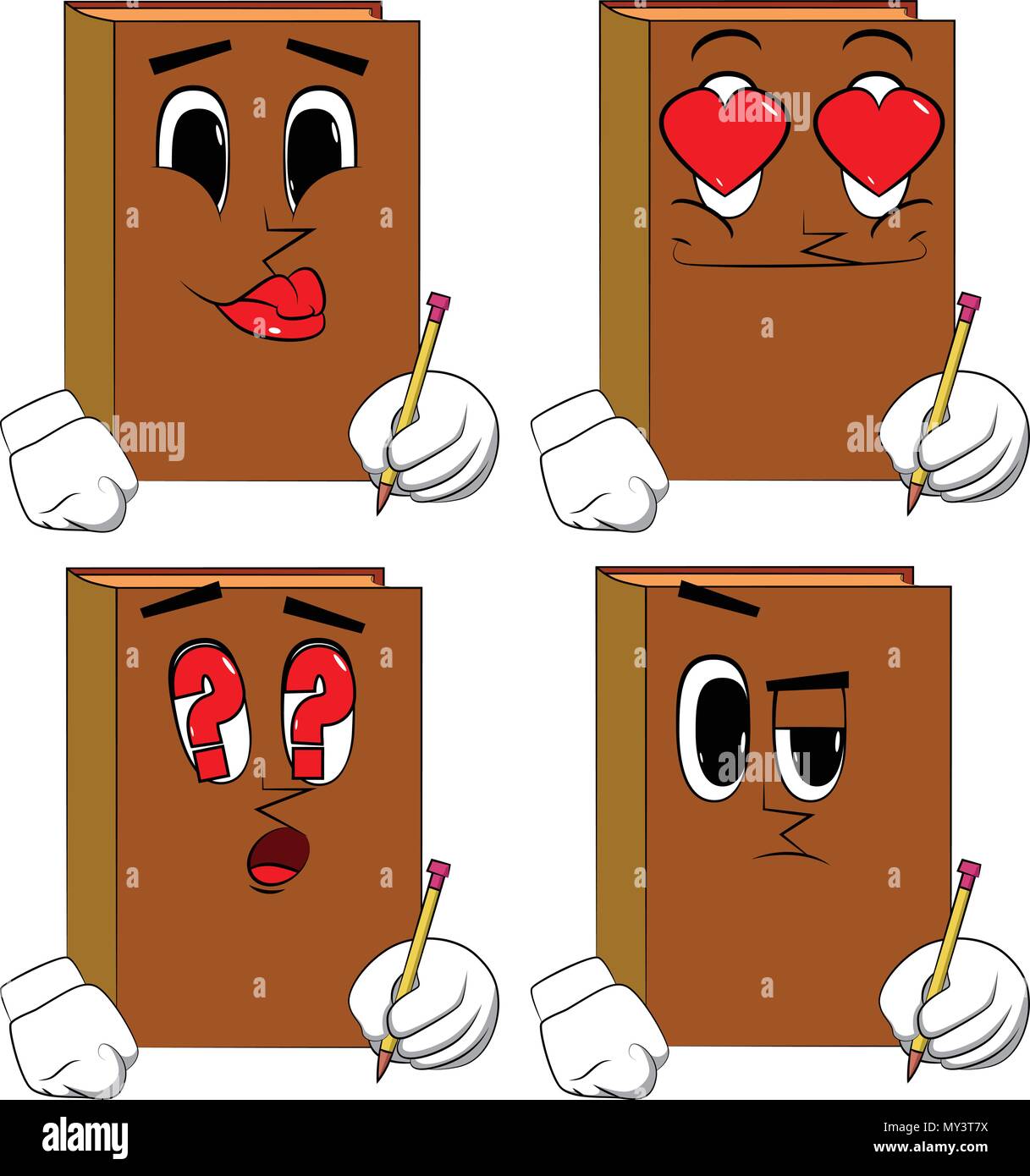 Books writing with pencil. Cartoon book collection with various faces ...