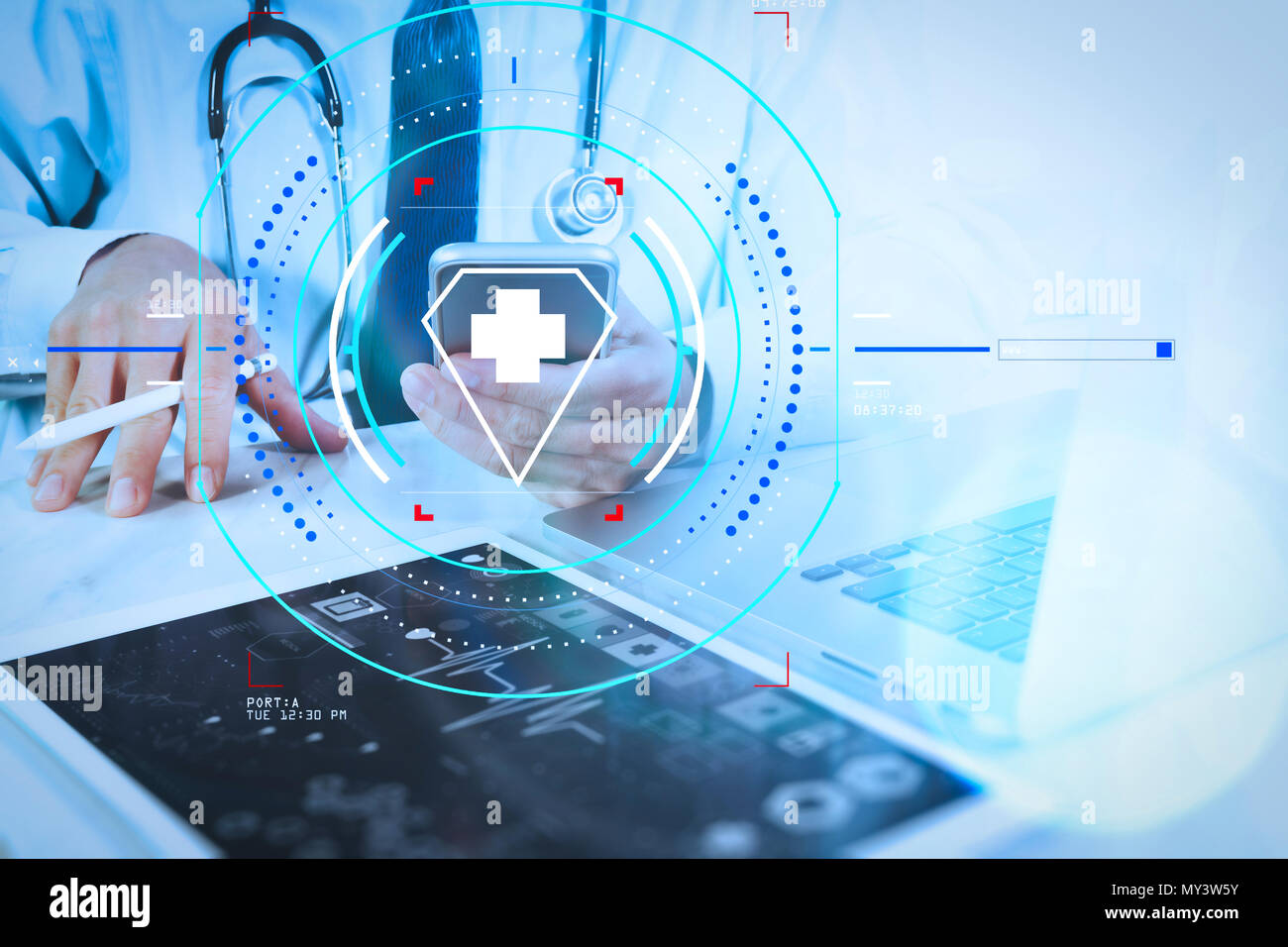 Health care and medical services with circular AR diagram. Doctor hand ...