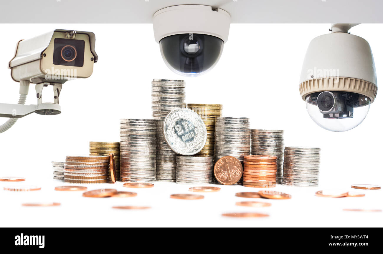 Swiss Franc Coin with CCTV Camera operating on white background Stock ...
