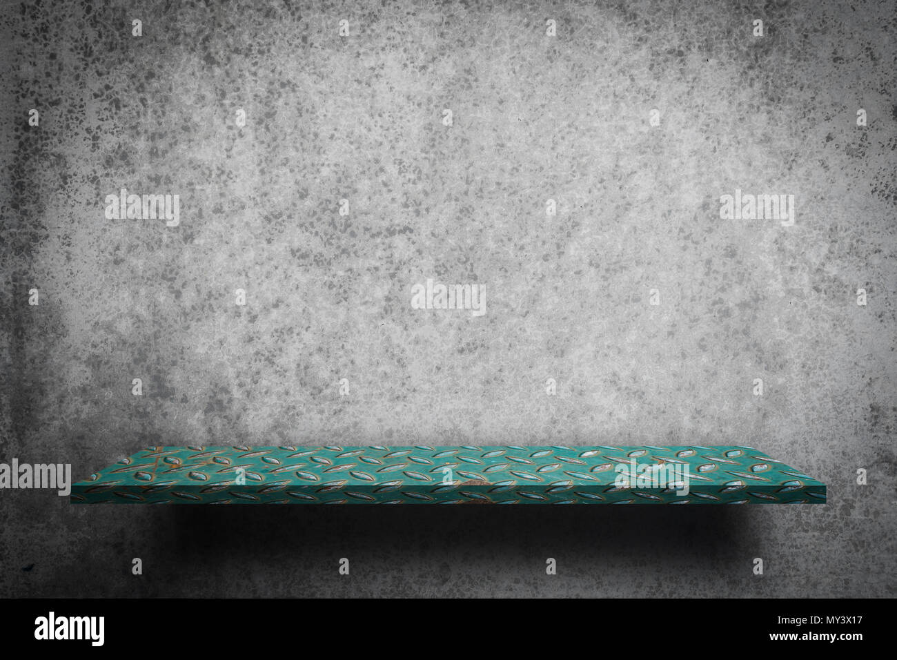 Empty green metal shelf on grungy cement wall Stock Photo - Alamy