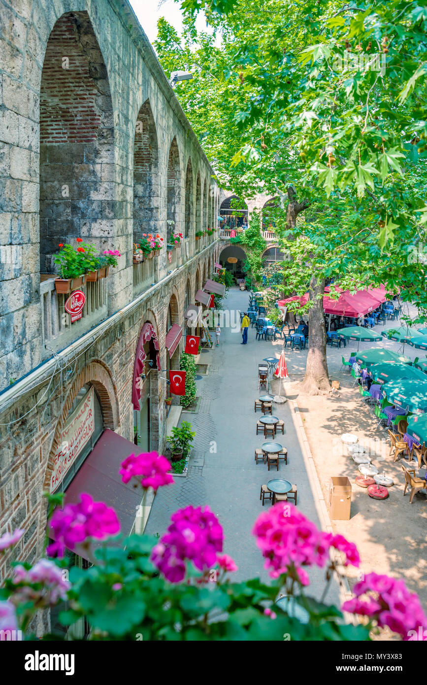 View of courtyard of historical Koza Han(Silk Bazaar) in Bursa,Turkey ...