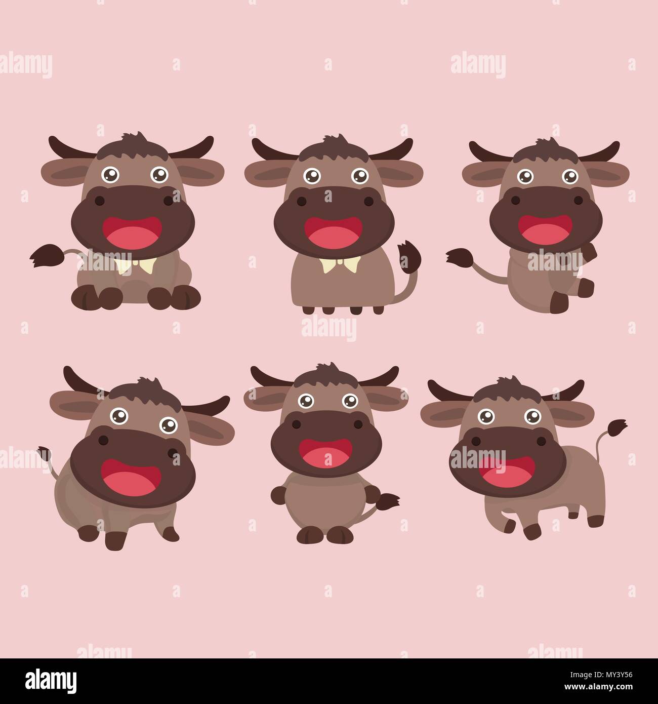 Cute buffalo cartoon with Bison in six different views Stock Vector ...
