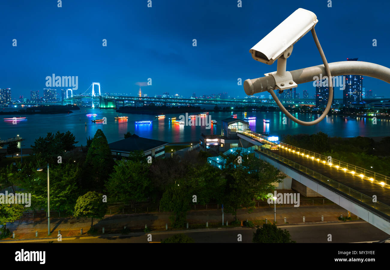 CCTV Camera or surveillance oeprating on bridge and harbour Stock Photo ...
