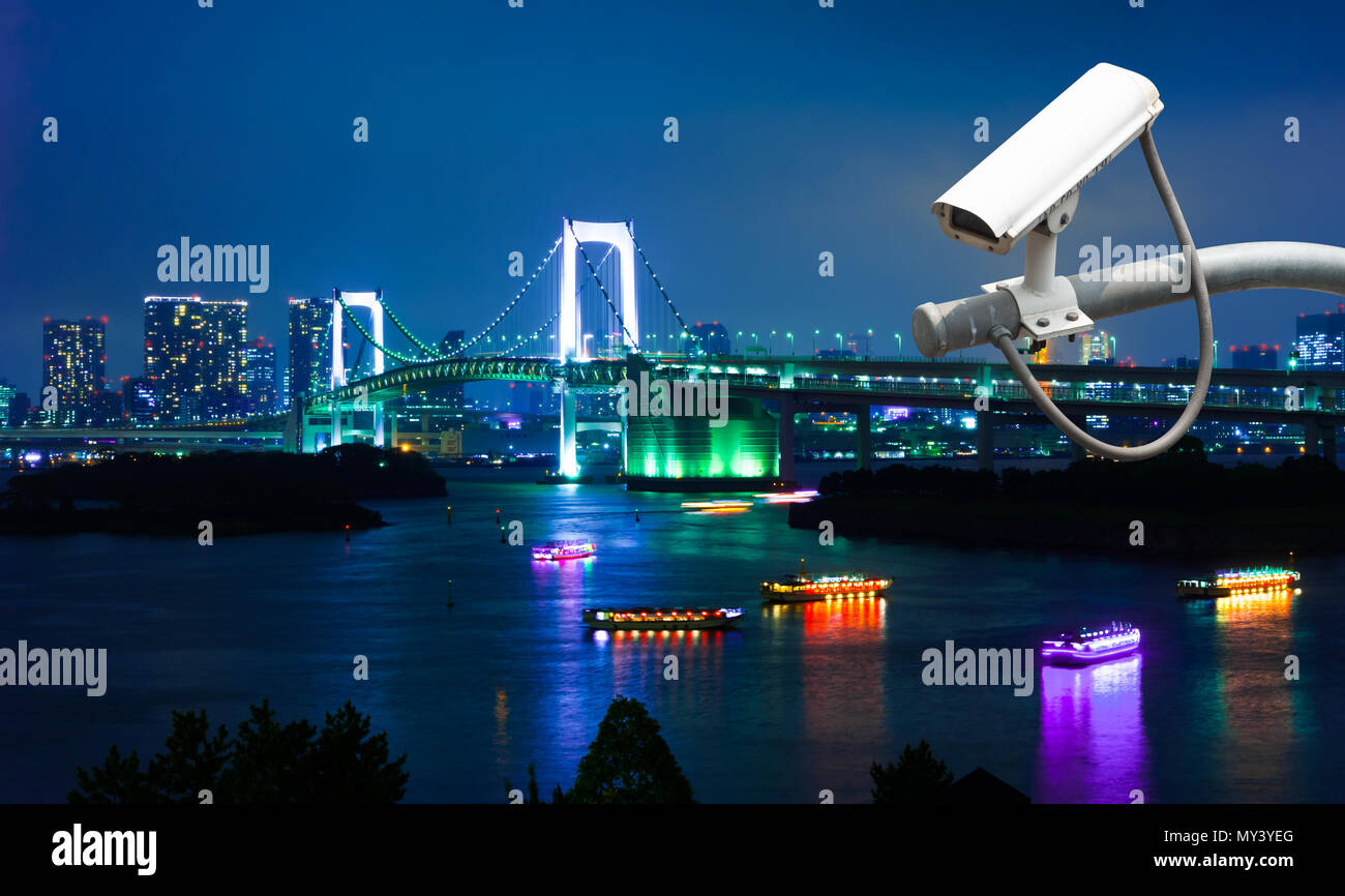 CCTV Camera or surveillance oeprating on bridge and harbour Stock Photo ...