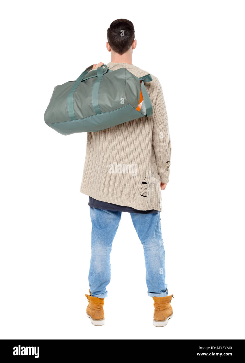 Back view of a man with a green bag. backside view of person. Rear view ...