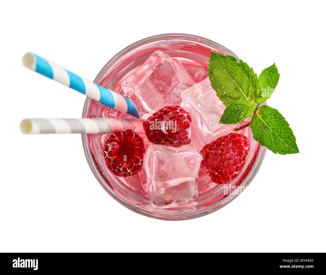 Glass of pink soda drink with ice and raspberry isolated on white ...