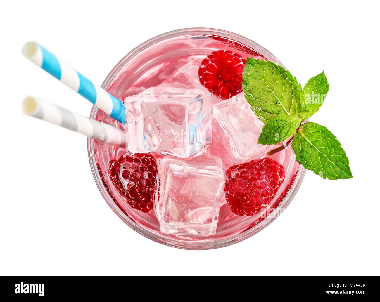 Glass of pink soda drink with ice and raspberry isolated on white ...